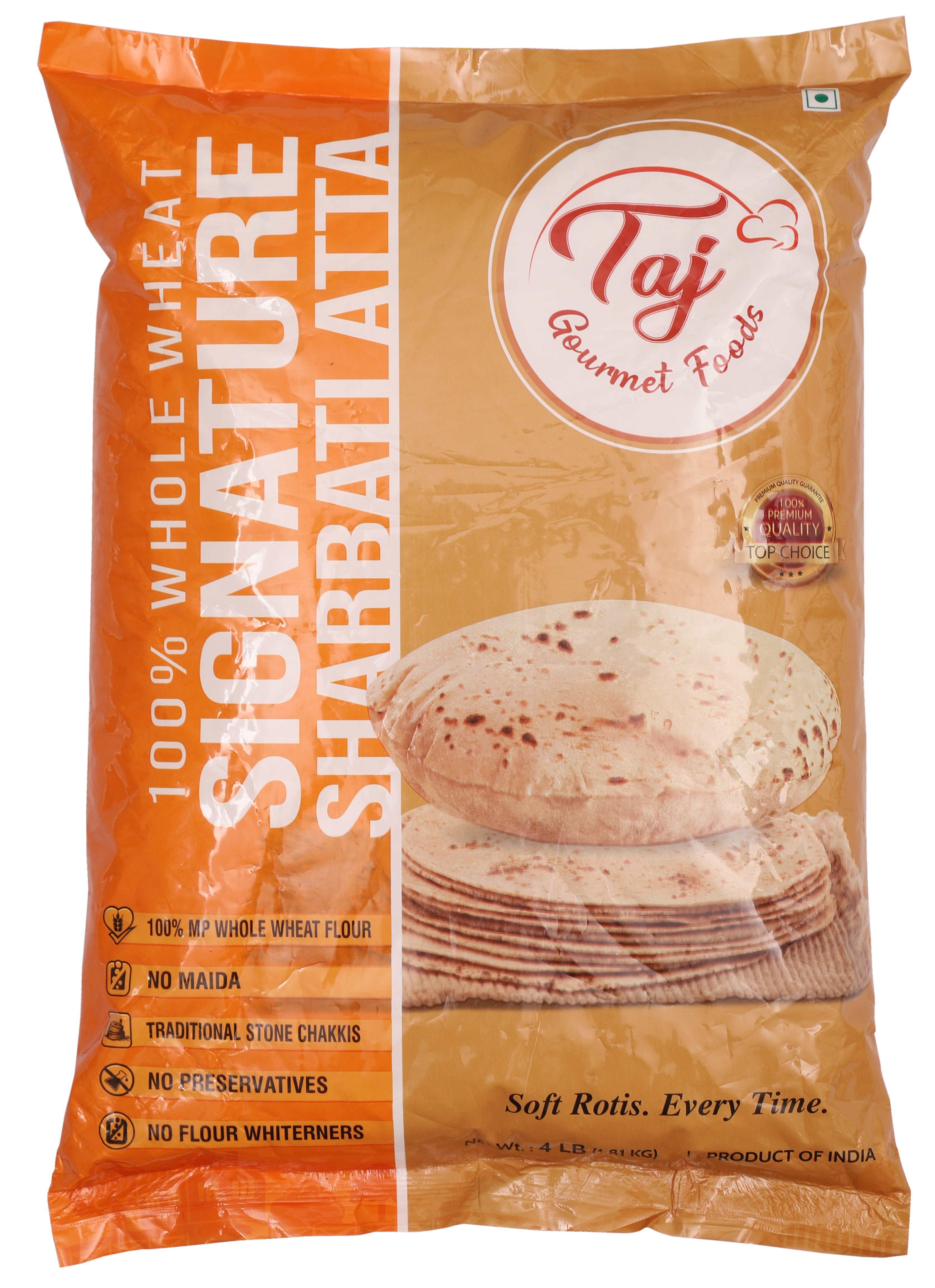 TAJ Signature Sharbati Atta, 100% Whole Wheat Flour, Chappati Flour, 4
